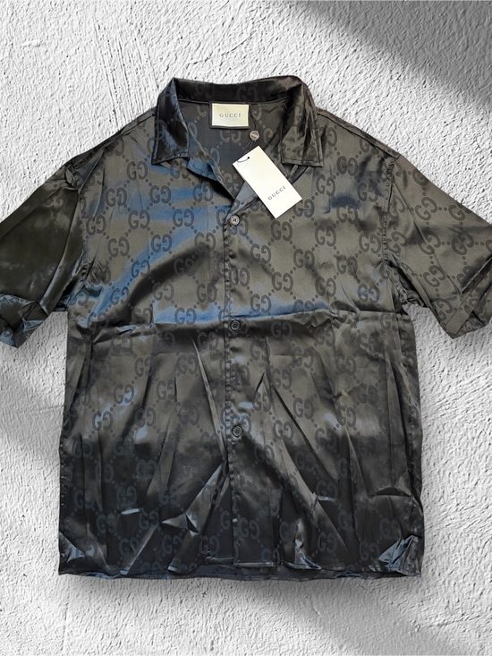 Gucci | Shirts | Gucci Mens Black Gg Monogram Satin Buttondown Shirt Xl ...